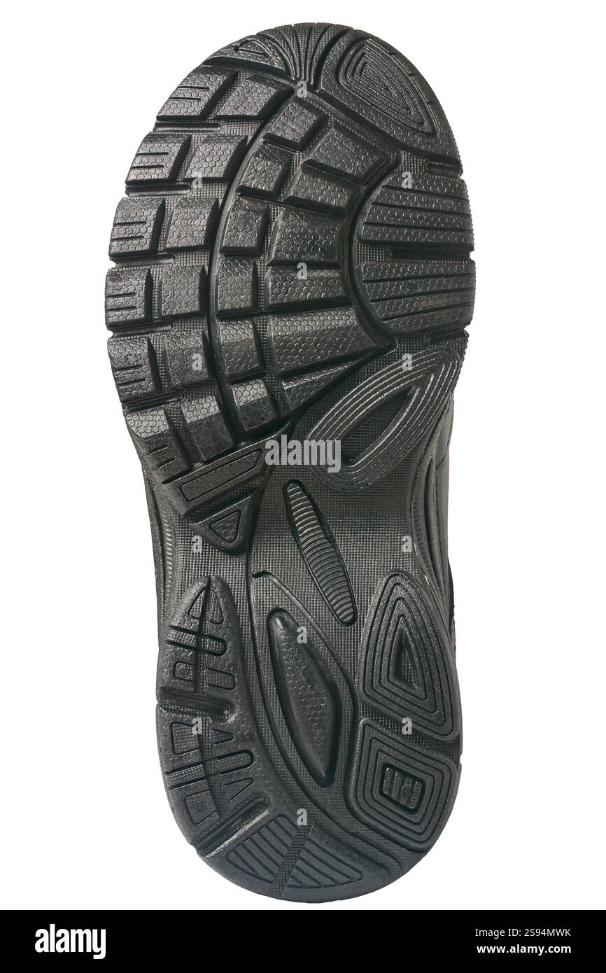 sole of black shoe isolated white background, rubber textured surface ...