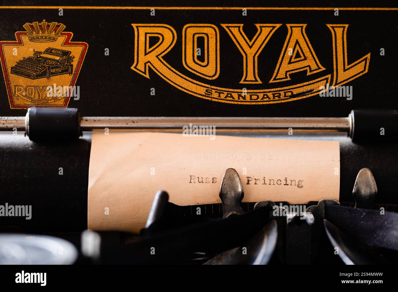 Close up of Royal Standard Typewriter with name typed on small piece of ...