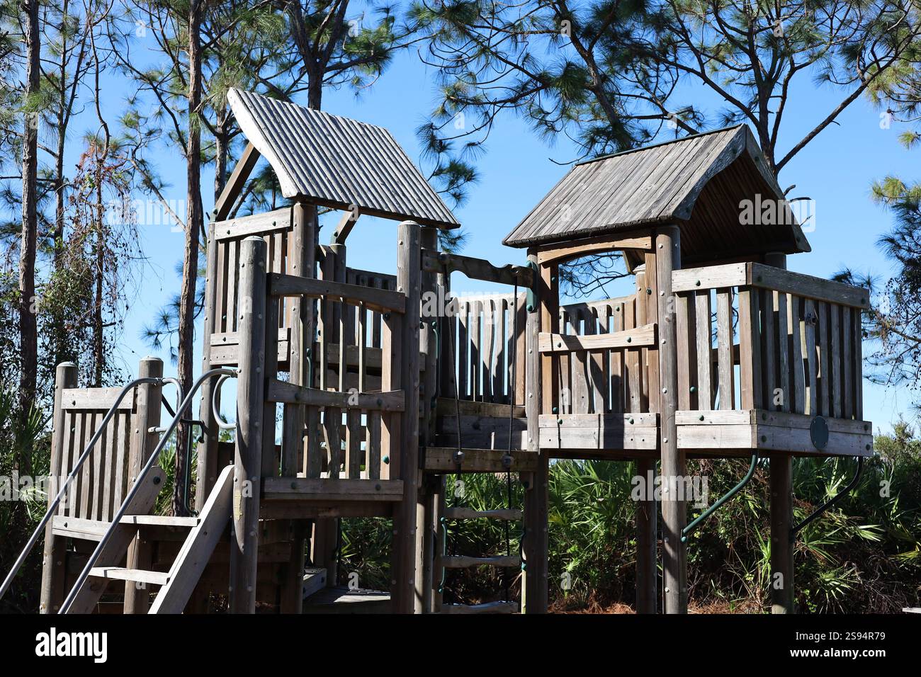 Wooden playground fort in outdoor public park Stock Photo - Alamy