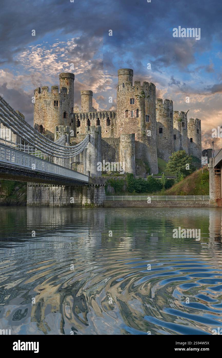 The exterior battlements and turrets of medieval Conwy Castle built ...