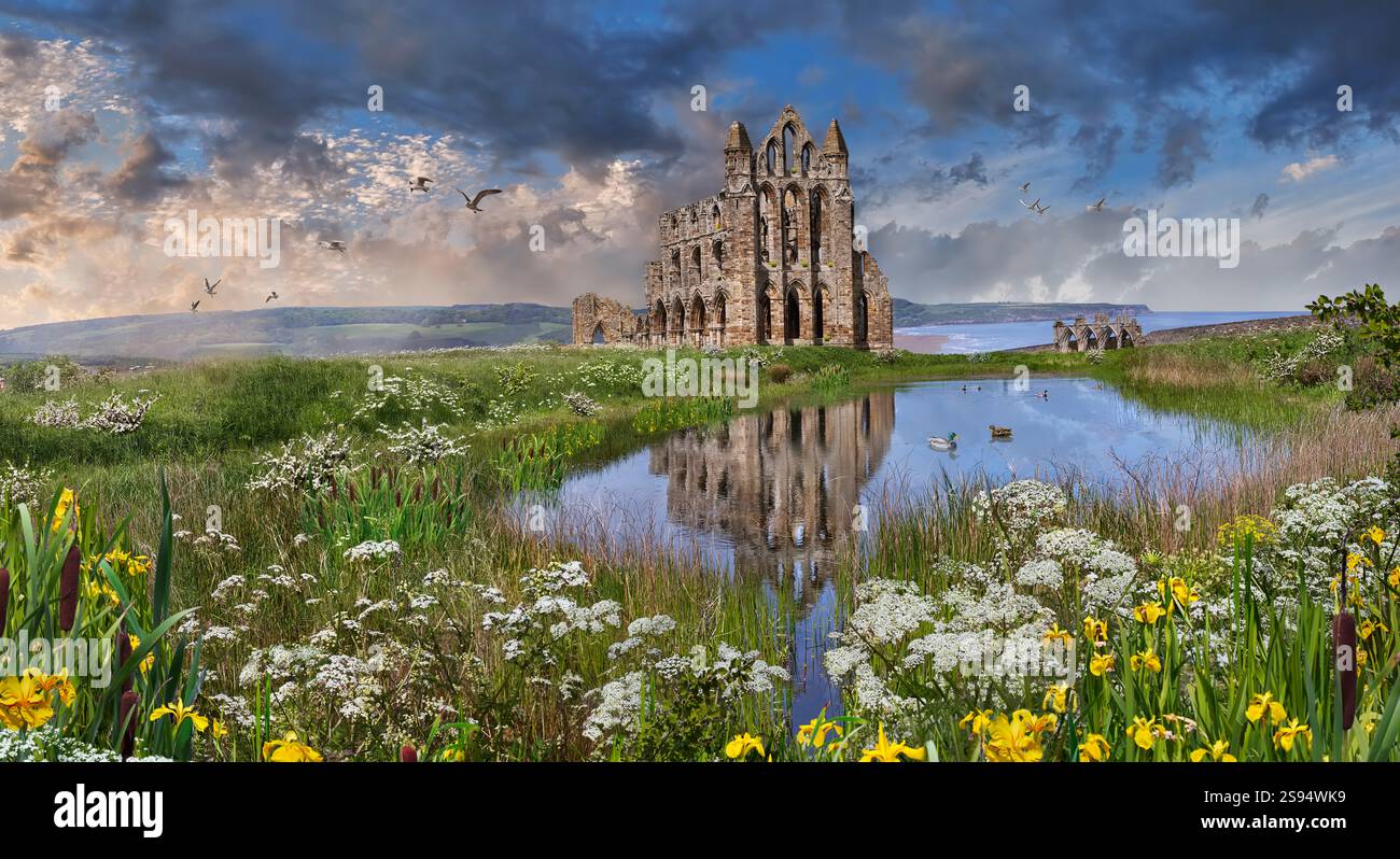 Picturesque gothic medieval ruins of Whitby Abbey, North Yorkshire ...