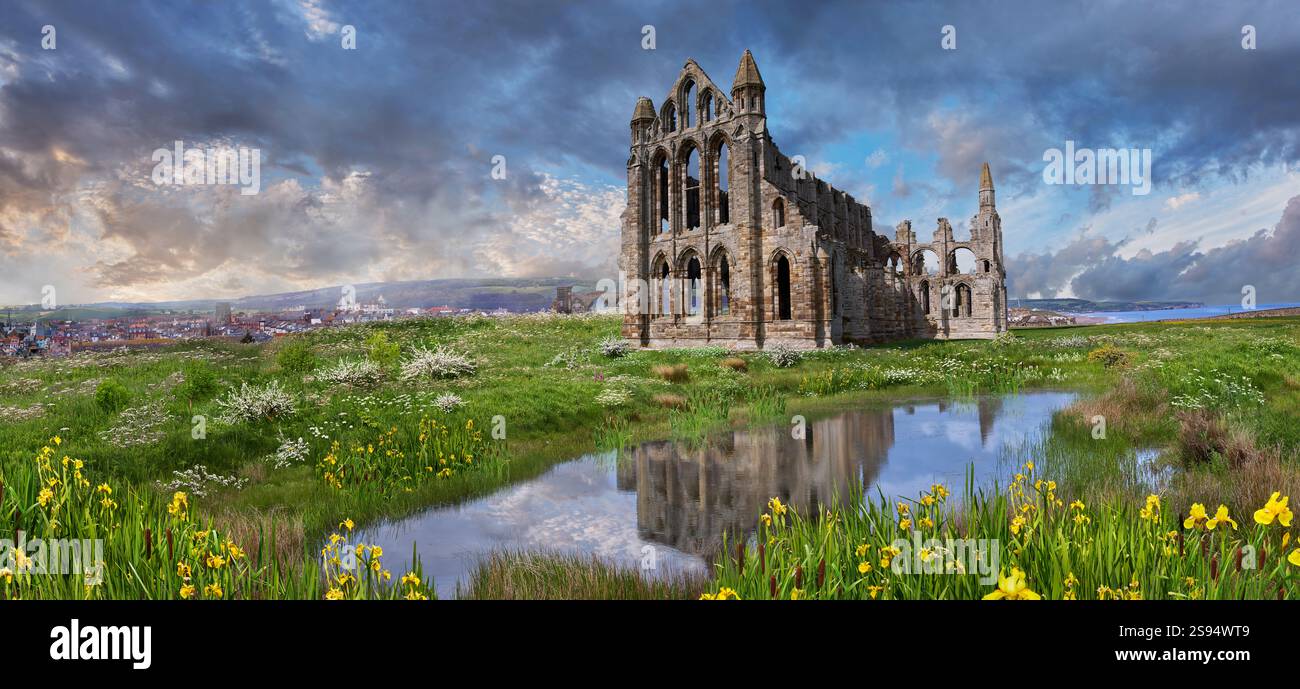 Picturesque gothic medieval ruins of Whitby Abbey, North Yorkshire ...
