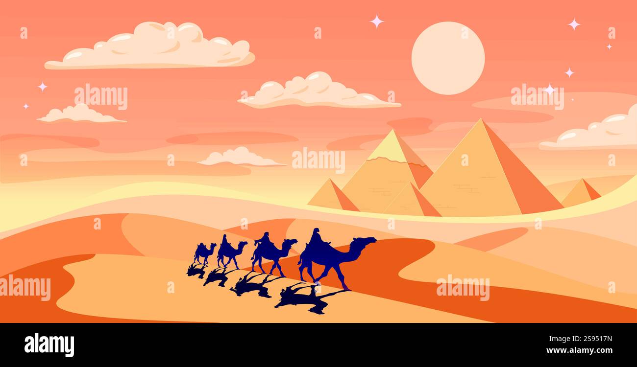 Arabian Landscape illustration, Camel Caravan Crossing Desert nearby ...