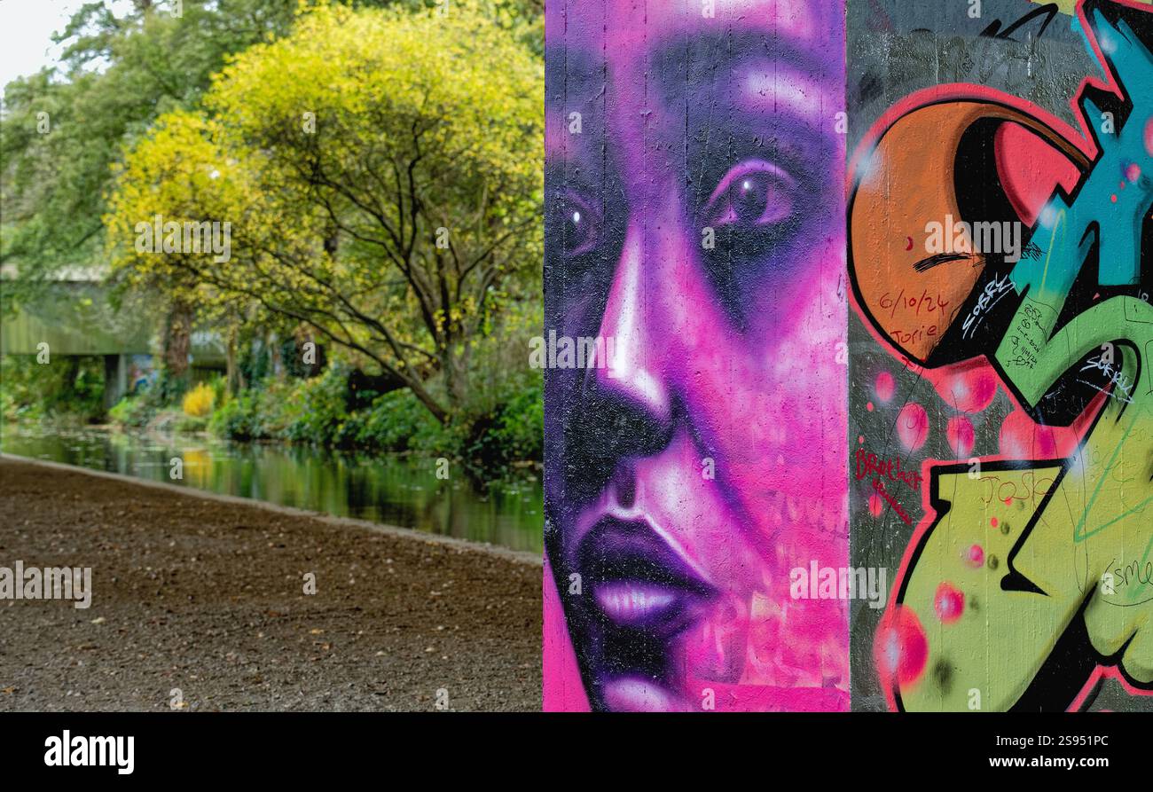 Spectacular colourful graffiti painted on concrete columns by the River ...
