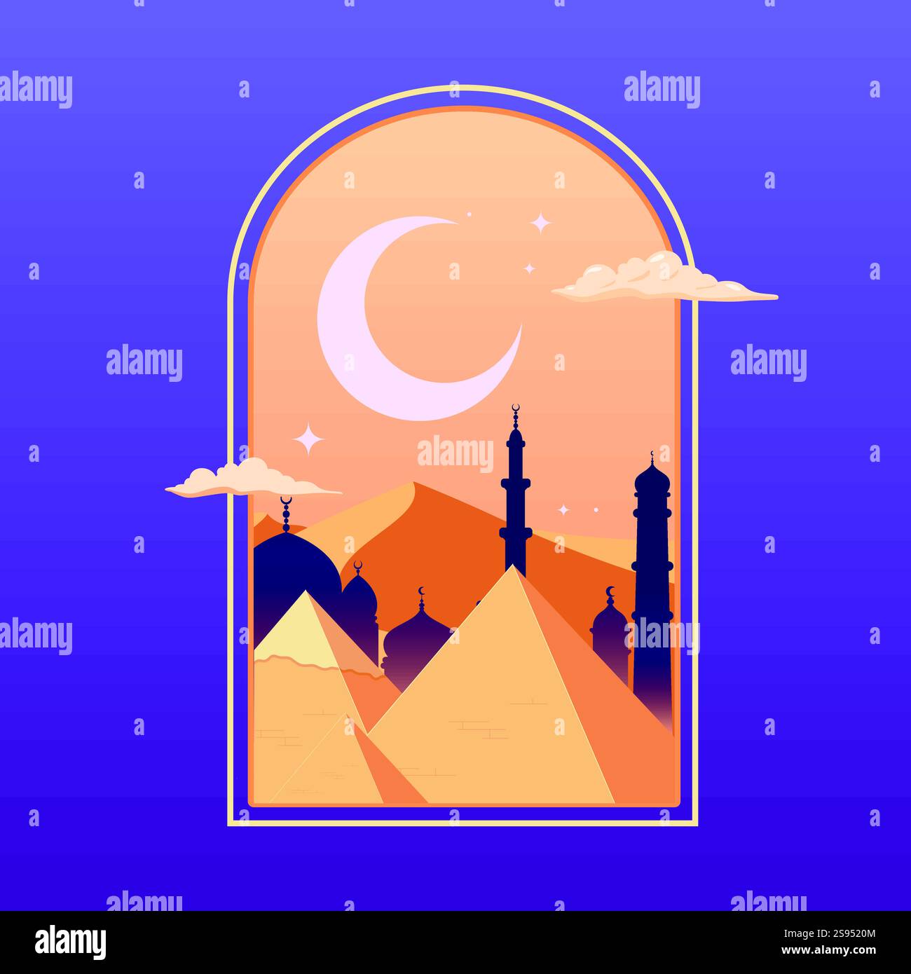 Arabian Landscape, Egyptian Pyramids, a Silhouette of Mosque under a ...