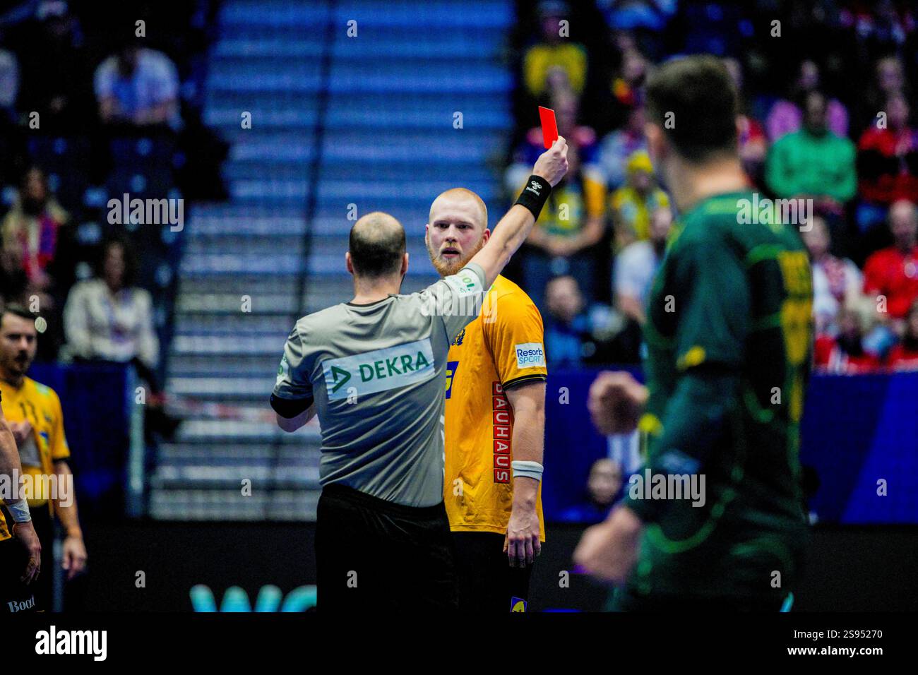 Fornebu 20250124. Sweden's Felix Möller receives a red card during the ...