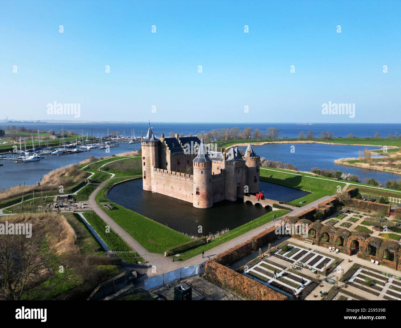 Aerial view of the castle of Muiden and the Muiderlake in the ...