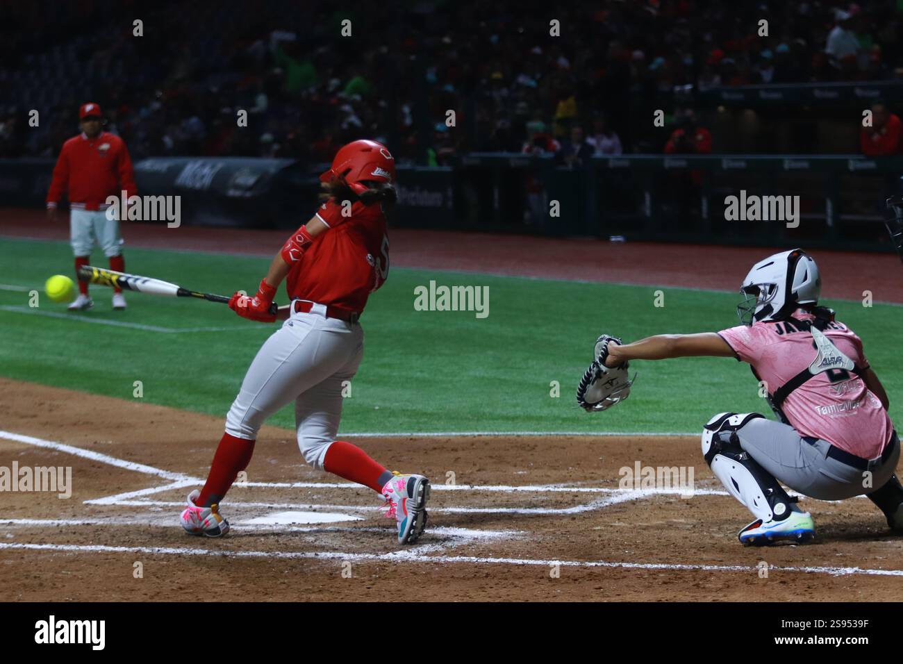 Ximena Guerrero #5 of Diablos Rojos hits the ball against Olmecas de ...
