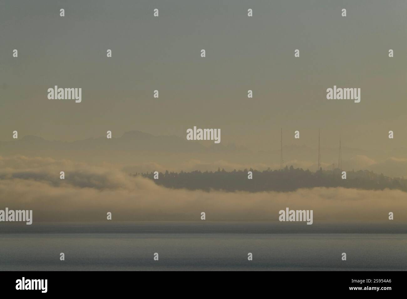 The skyscrapers and Space Needle of Seattle rising above the Puget ...