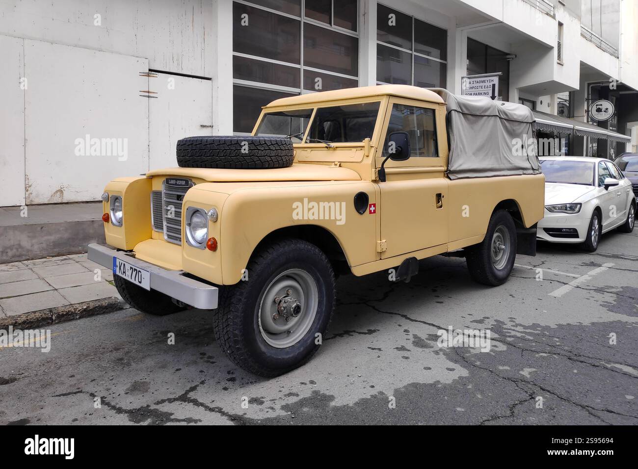 Larnaca, Cyprus - December 28 2024: Sand color Land Rover Series III ...