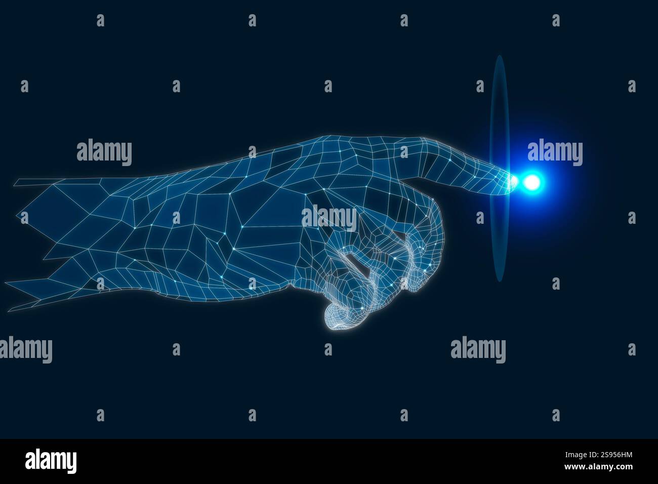 Virtual hand with digital pattern touching cyberspace. Dark blue ...