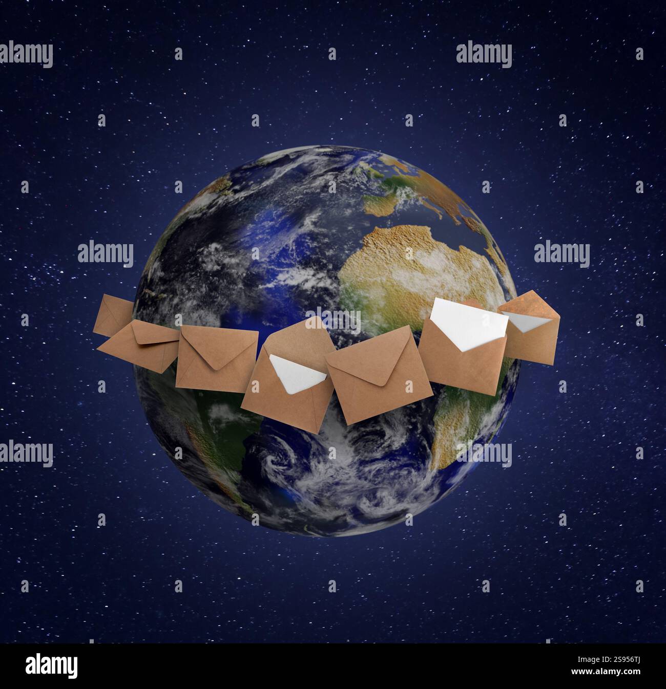 Envelopes with letters flying around globe in space. International mail ...