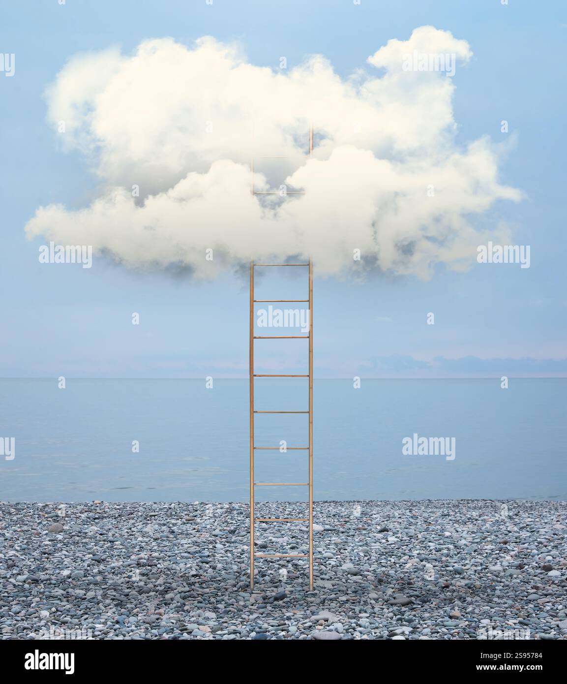 Ladder coming from beach to cloud in sky Stock Photo - Alamy