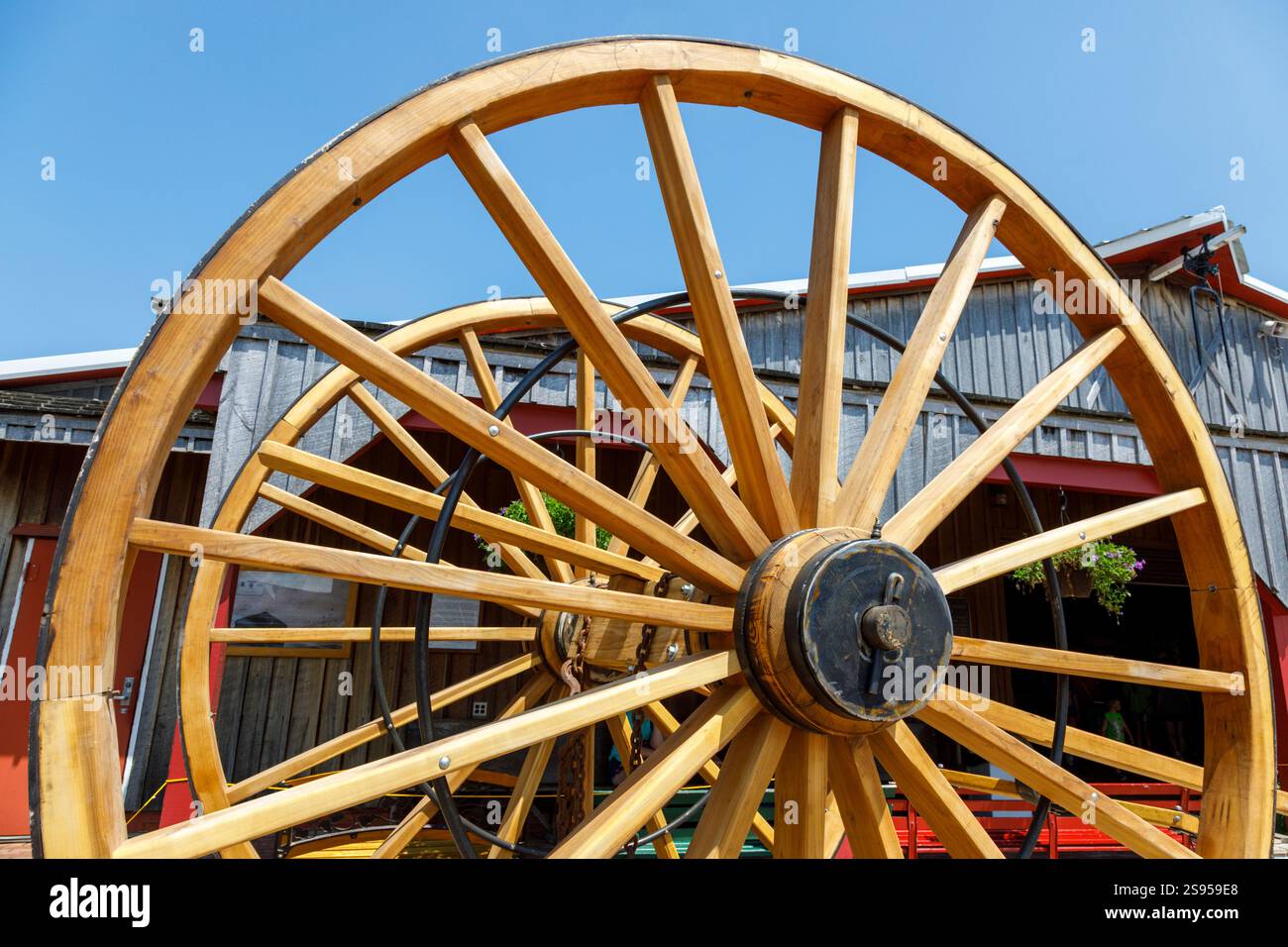 USA, Indiana, Indianapolis. Close-up of giant horse cart wheel at ...