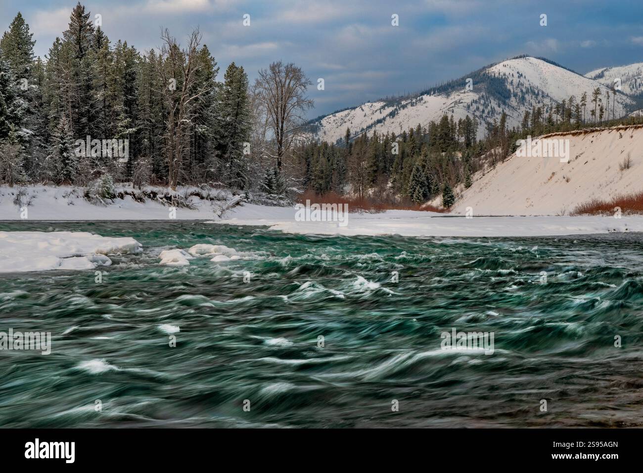 Confluence of the North and Middle Fork Flathead Rivers in winter in ...