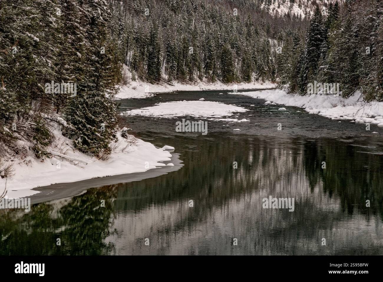 North Fork Flathead River in winter in Glacier National Park, Montana ...