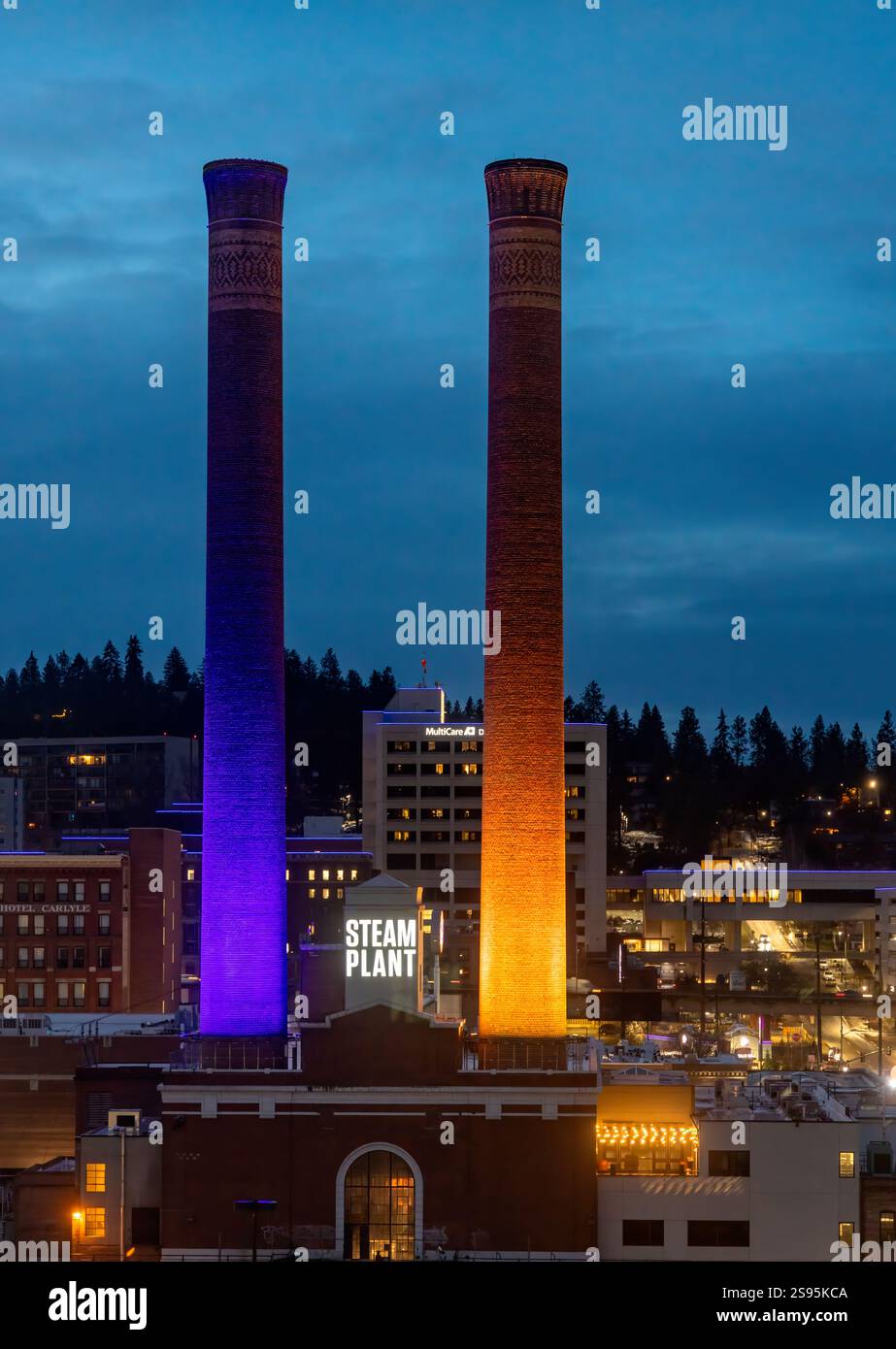 Steam plant towers illuminated in Spokane, Washington State, USA Stock ...