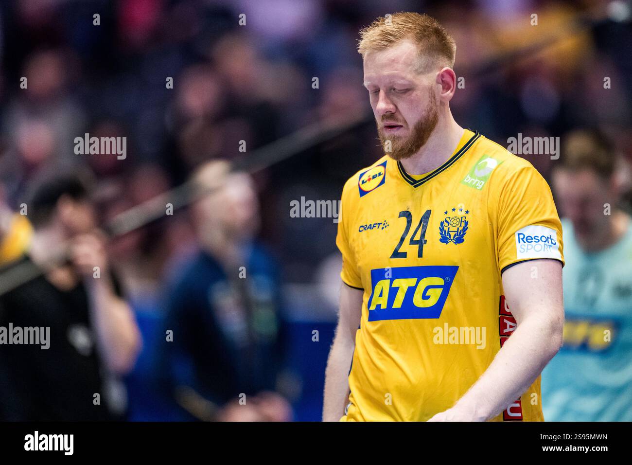 250124 Jim Gottfridsson of Sweden looks dejected after the 2025 IHF ...