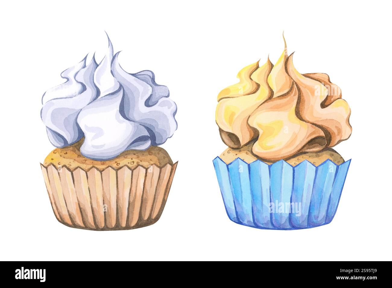Watercolor illustration of two cupcakes: one with white frosting and ...