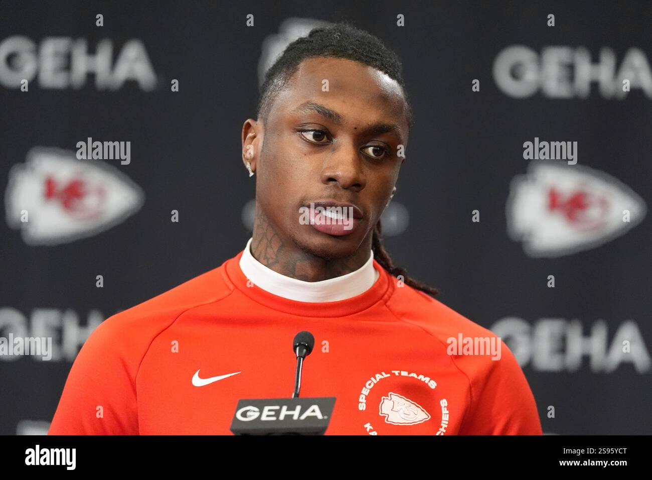 Kansas City Chiefs wide receiver Xavier Worthy addresses the media ...