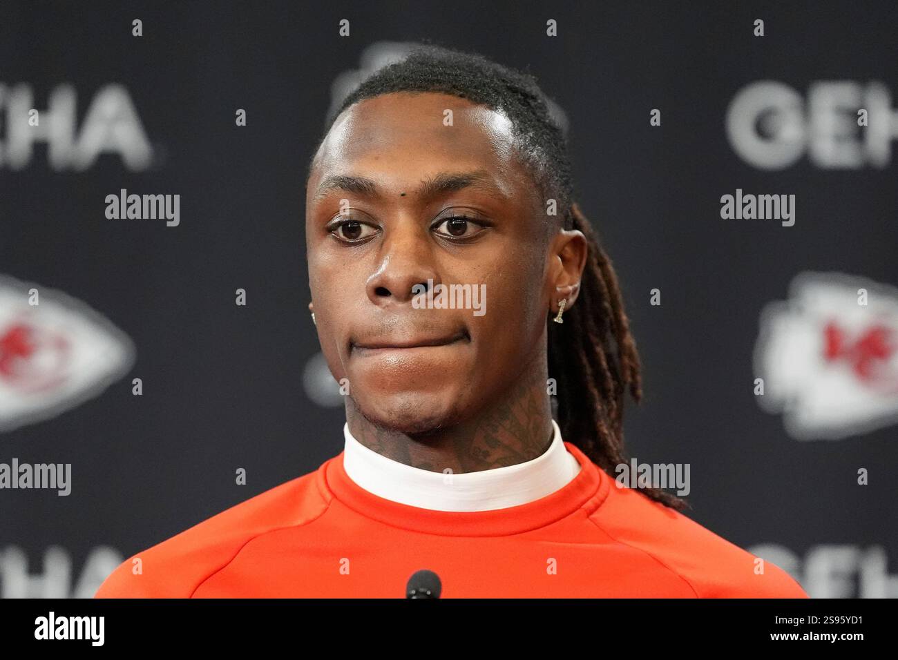 Kansas City Chiefs wide receiver Xavier Worthy addresses the media ...