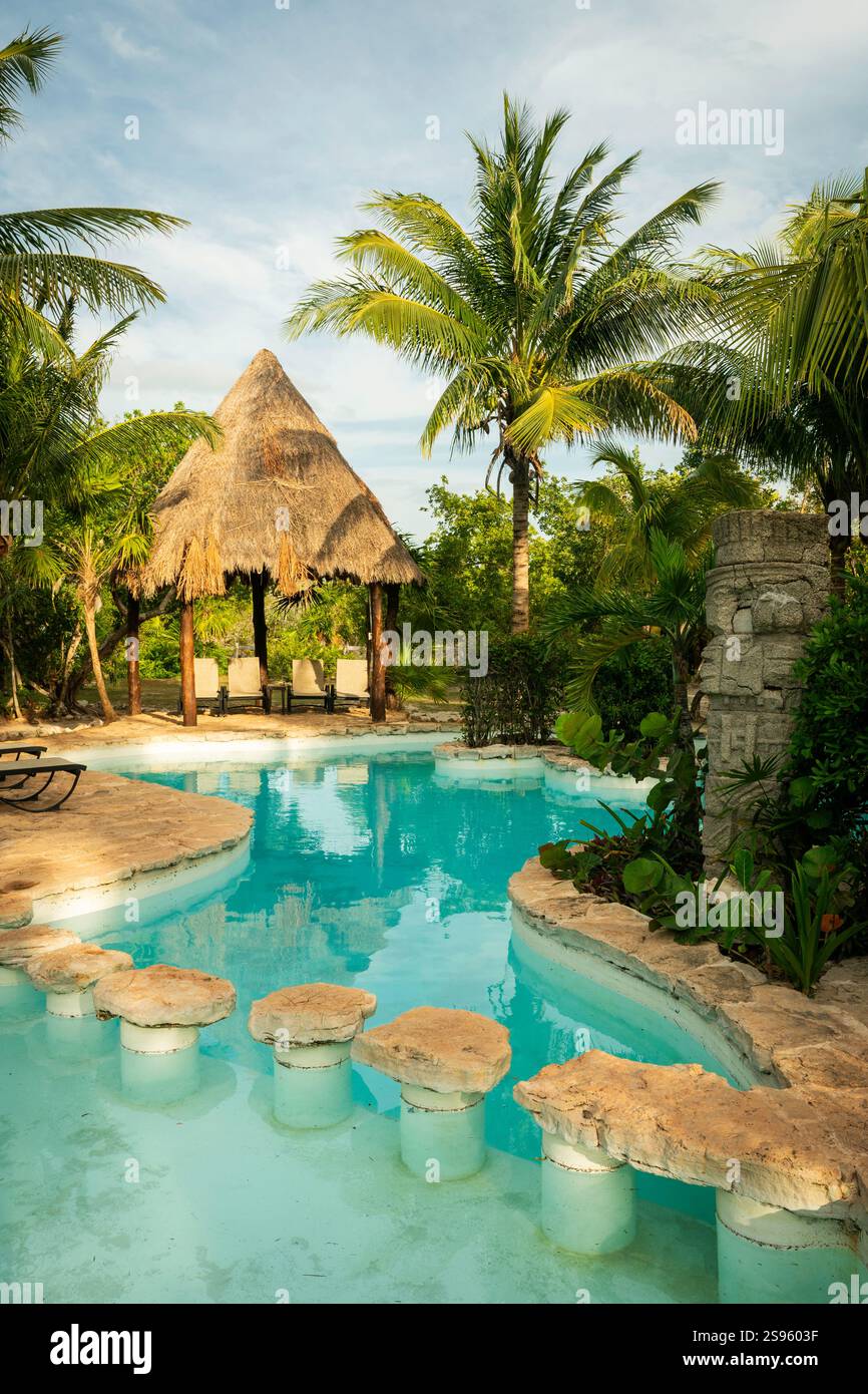 Pool with thatched hut and palm trees, Holbox Isle, Yucatan, Mexico ...