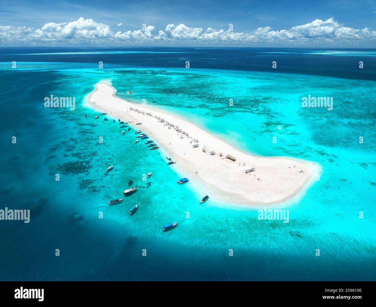 Aerial view of island, sandbank in blue sea, white sand, boats Stock ...