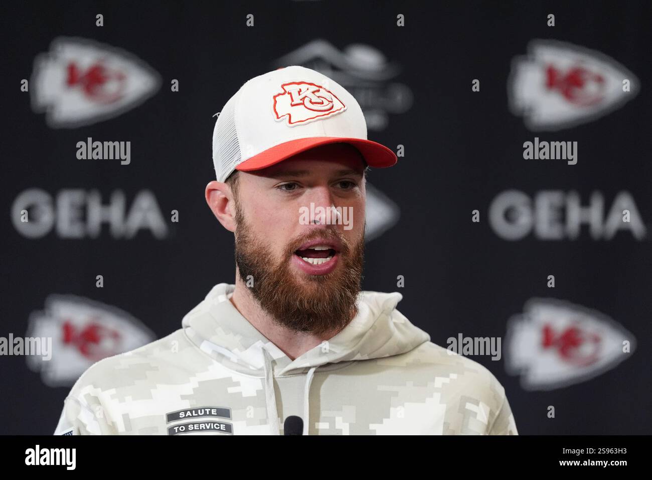 Kansas City Chiefs place kicker Harrison Butker addresses the media ...