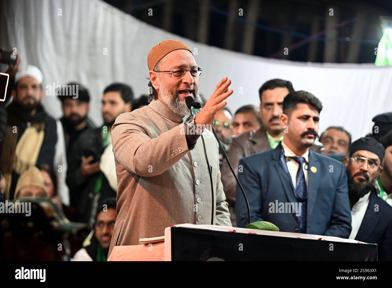 NEW DELHI, INDIA - JANUARY 24: AIMIM chief Asaduddin Owaisi address election campaign rally at ...