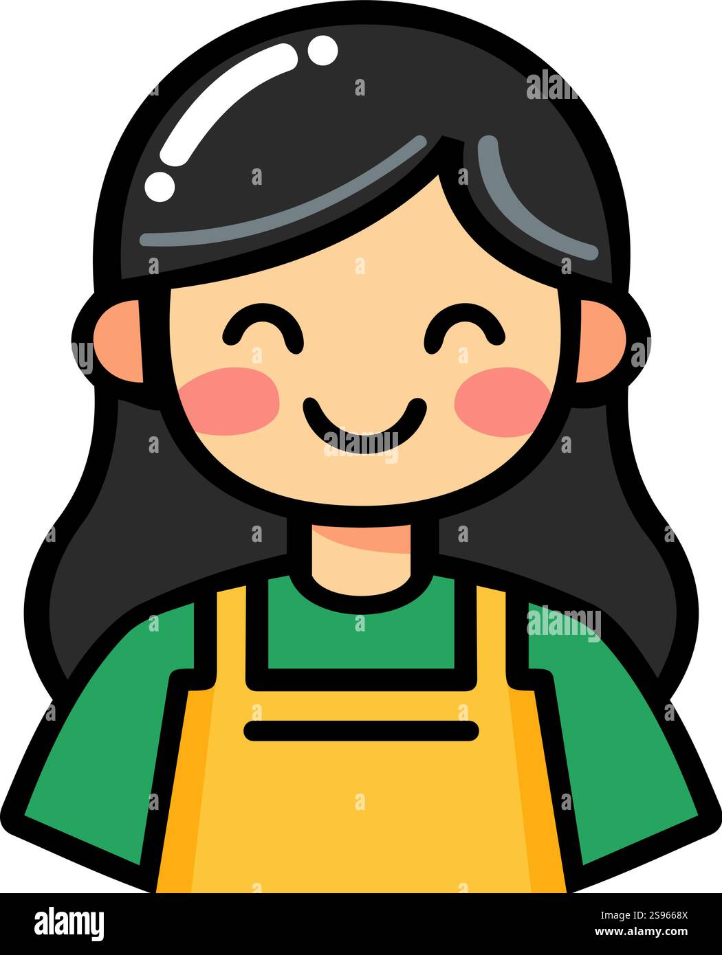 Vector illustration of cute female shop assistant with black hair ...
