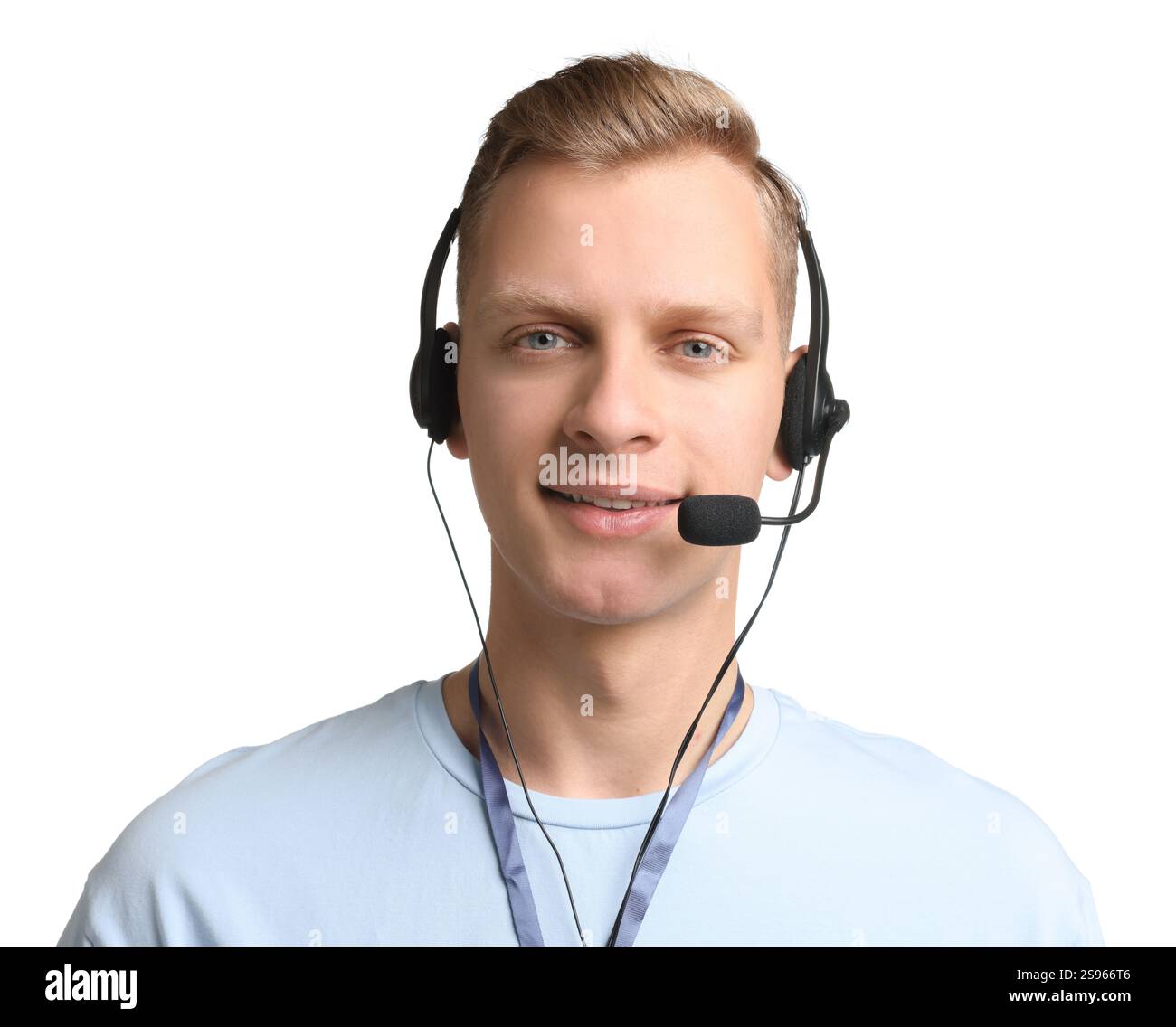 Technical support call center. Portrait of smiling operator on white ...