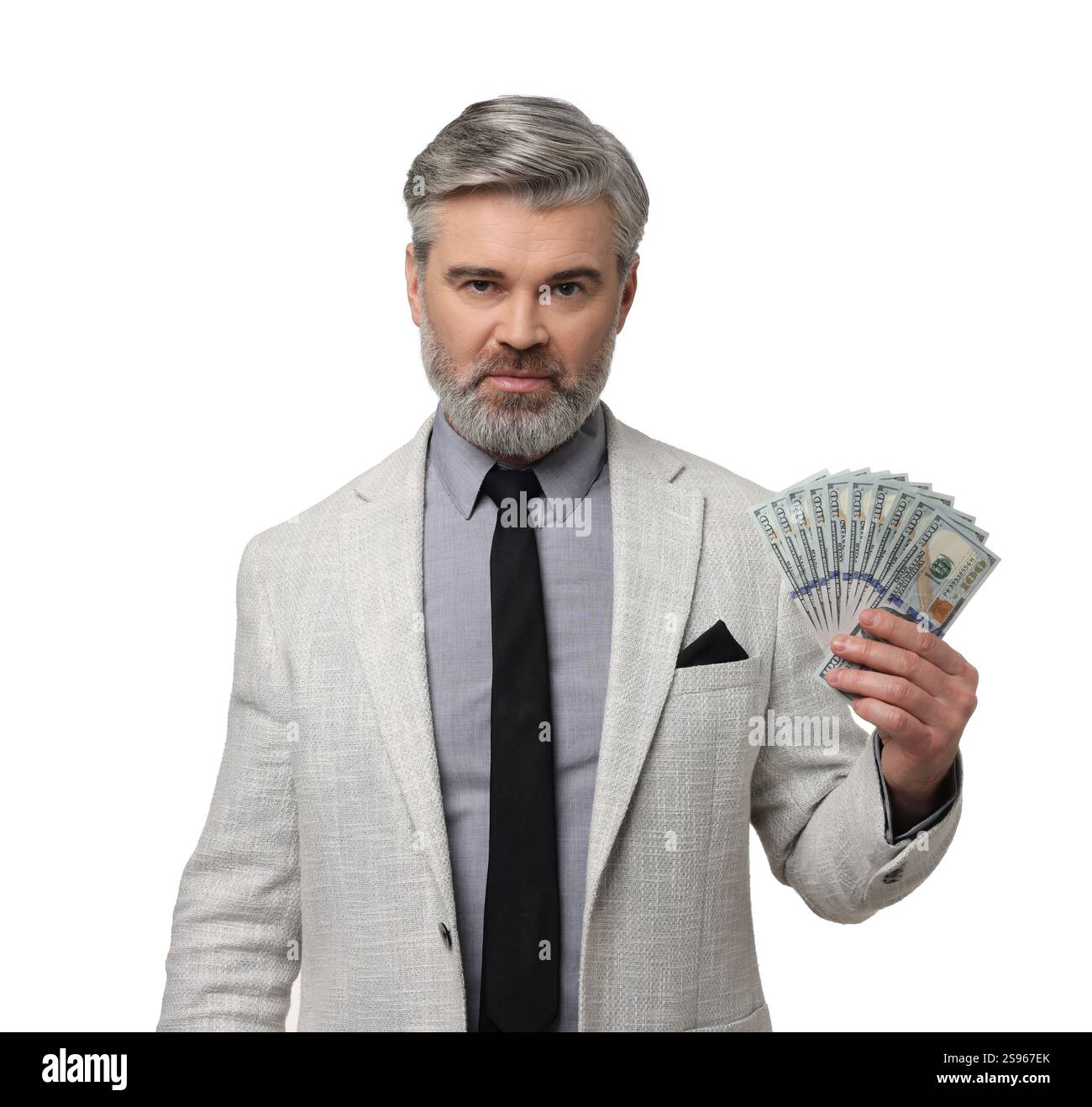 Banker with dollar banknotes on white background Stock Photo - Alamy
