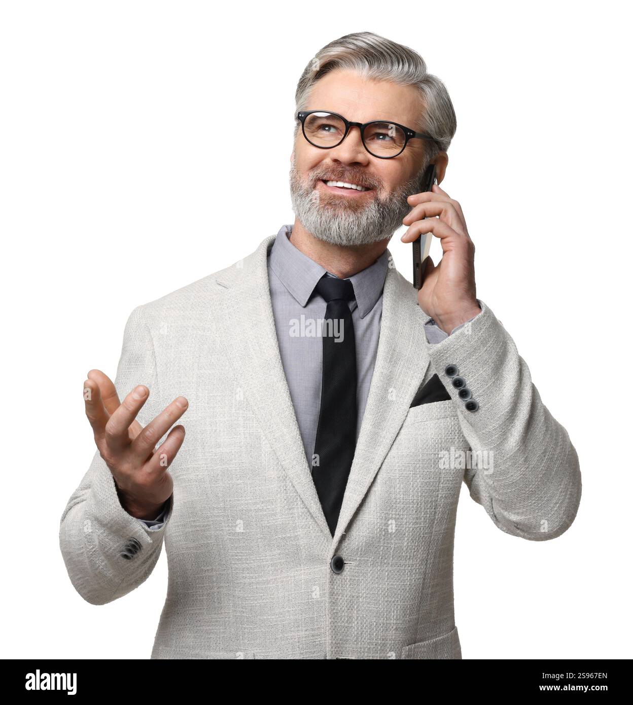 Banker talking on smartphone against white background Stock Photo - Alamy