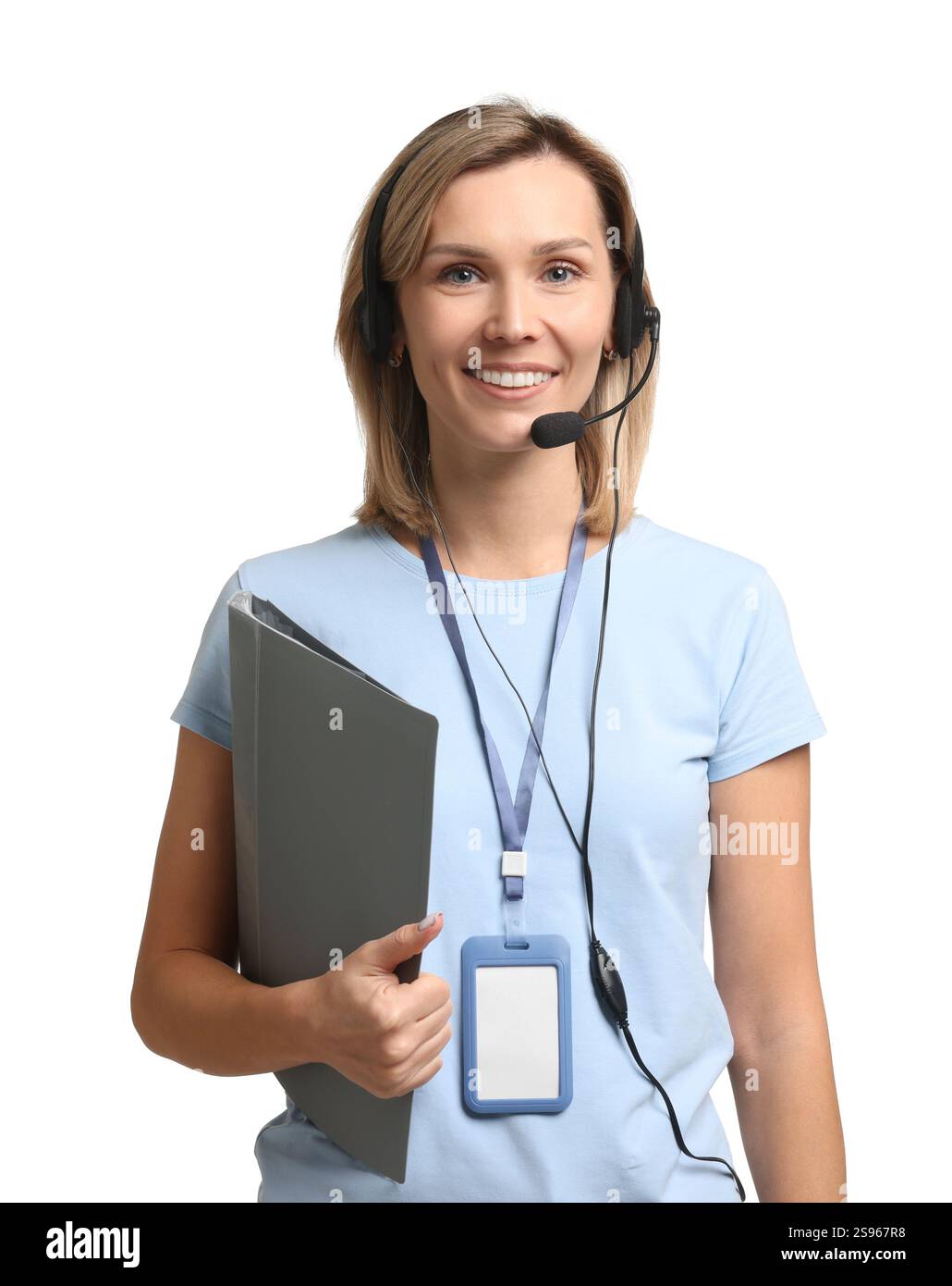 Technical support call center. Smiling operator with folder on white ...