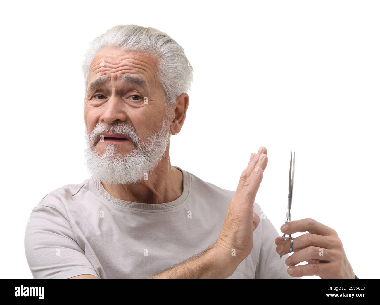 Bearded senior man with scissors making stop gesture on white ...