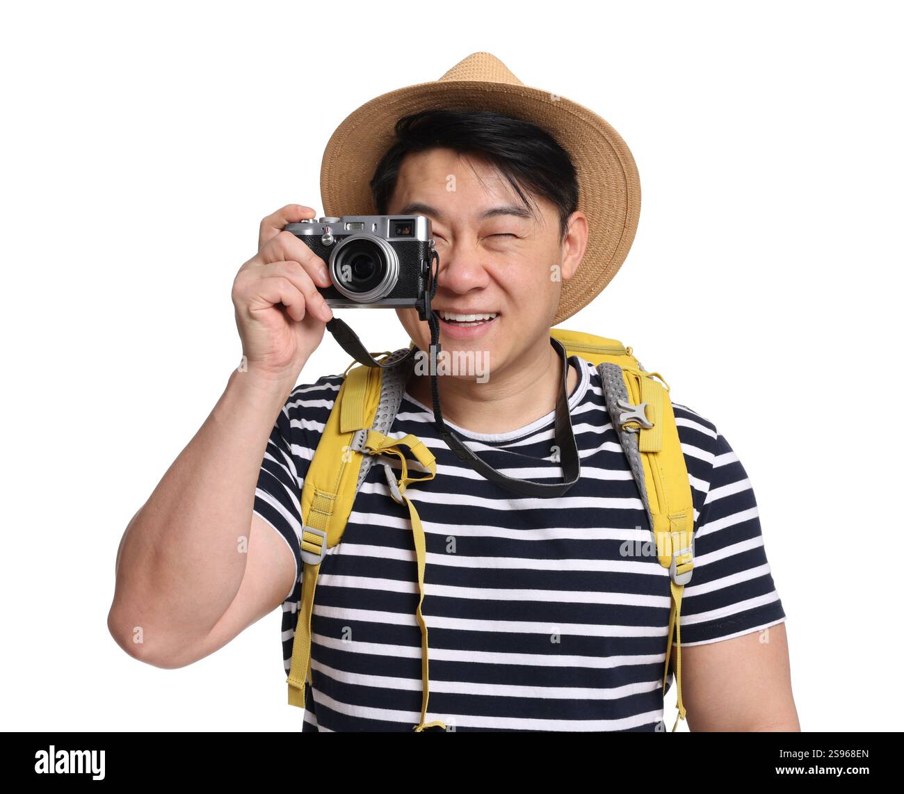 Traveller taking photo with camera on white background Stock Photo - Alamy