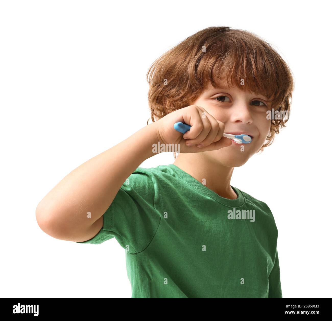 Cute boy brushing his teeth on white background Stock Photo - Alamy