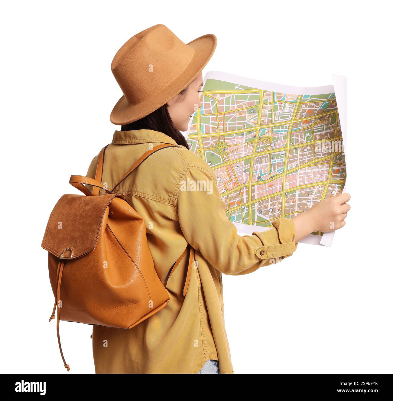 Traveller with map and backpack on white background, back view Stock ...