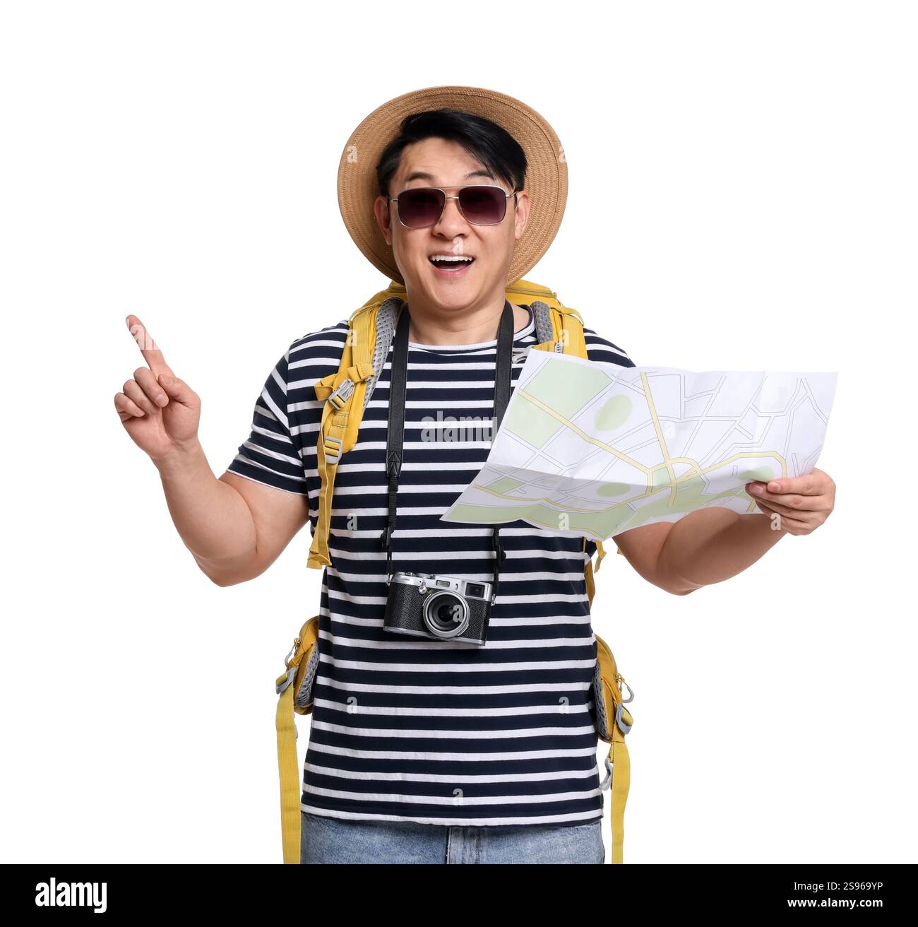 Excited traveller with map on white background Stock Photo - Alamy