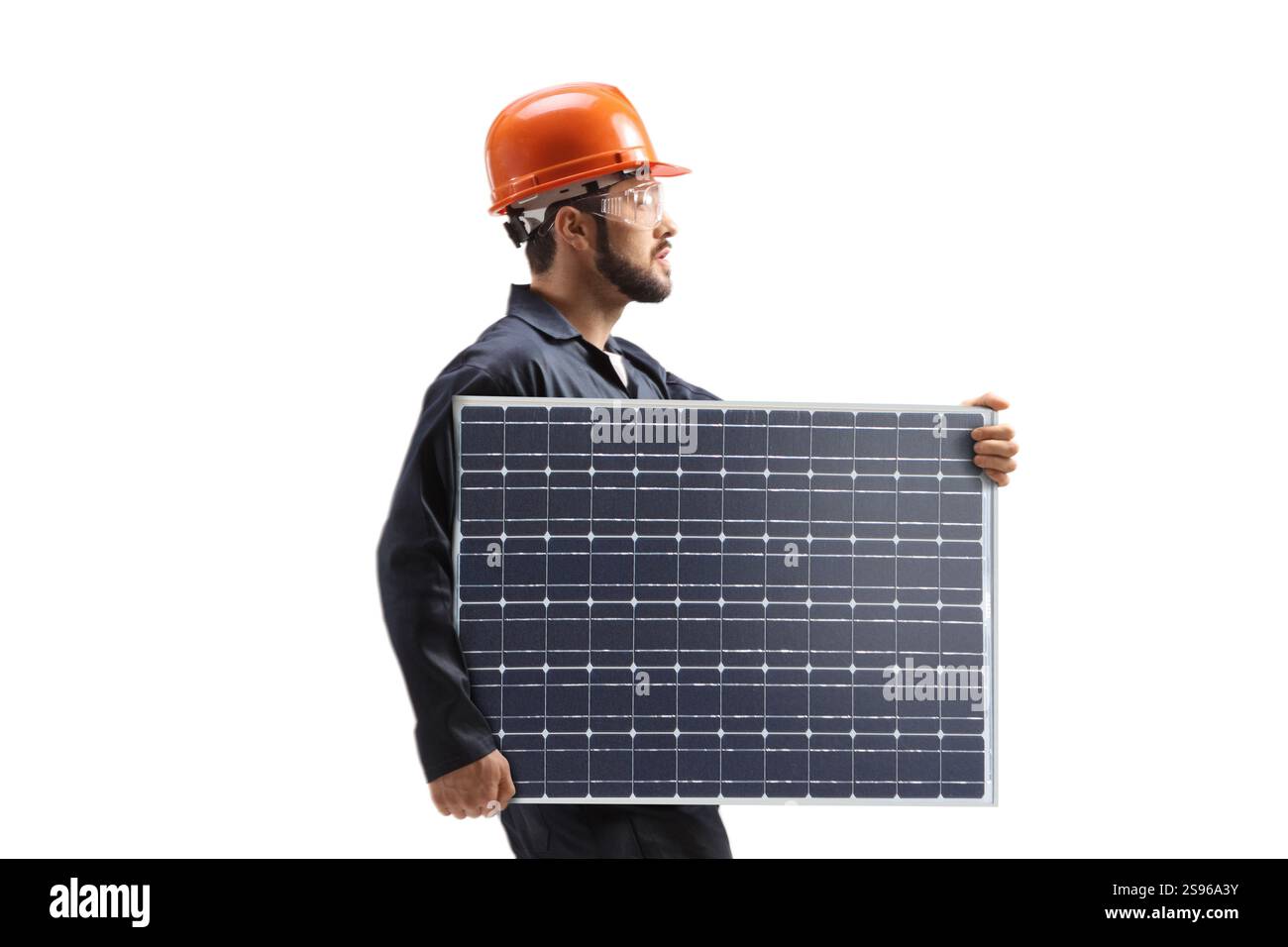 Male worker carrying a solar panel isolated on white background Stock ...