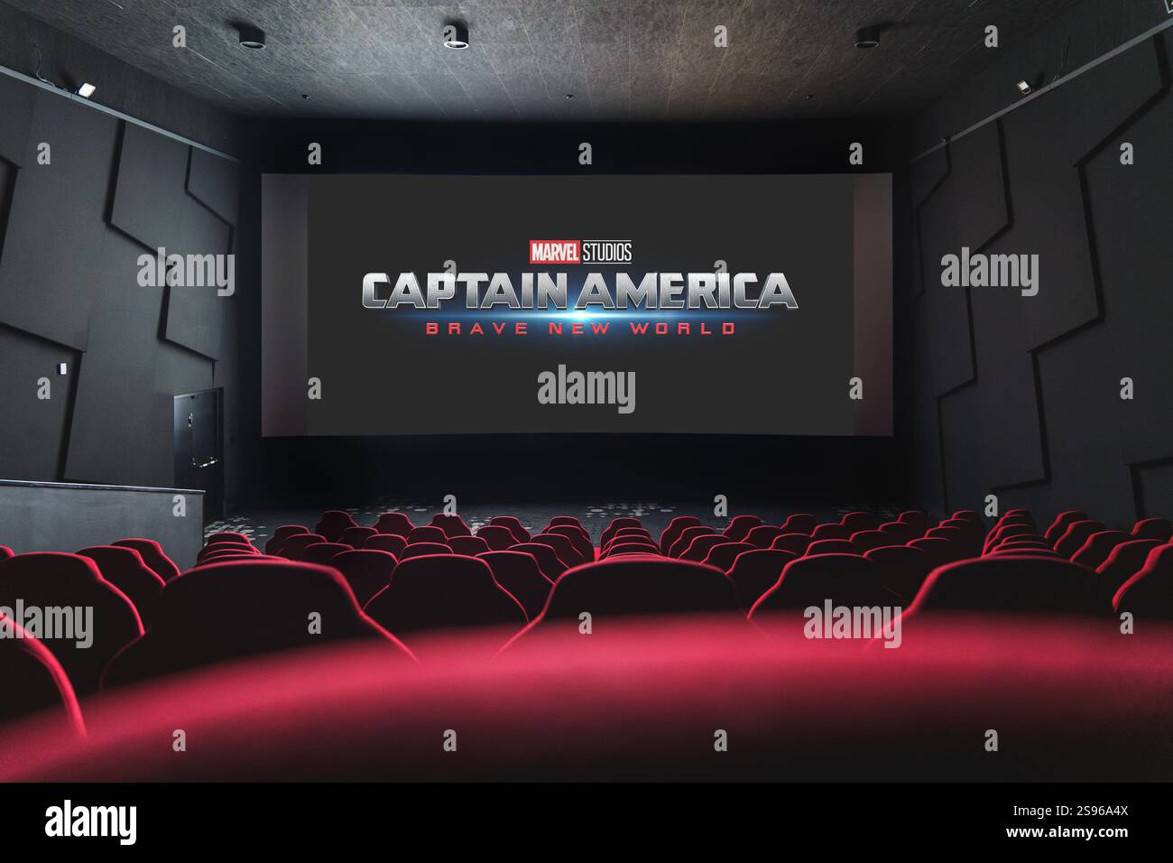 A cinema screen displaying the title card for Captain America: Brave ...