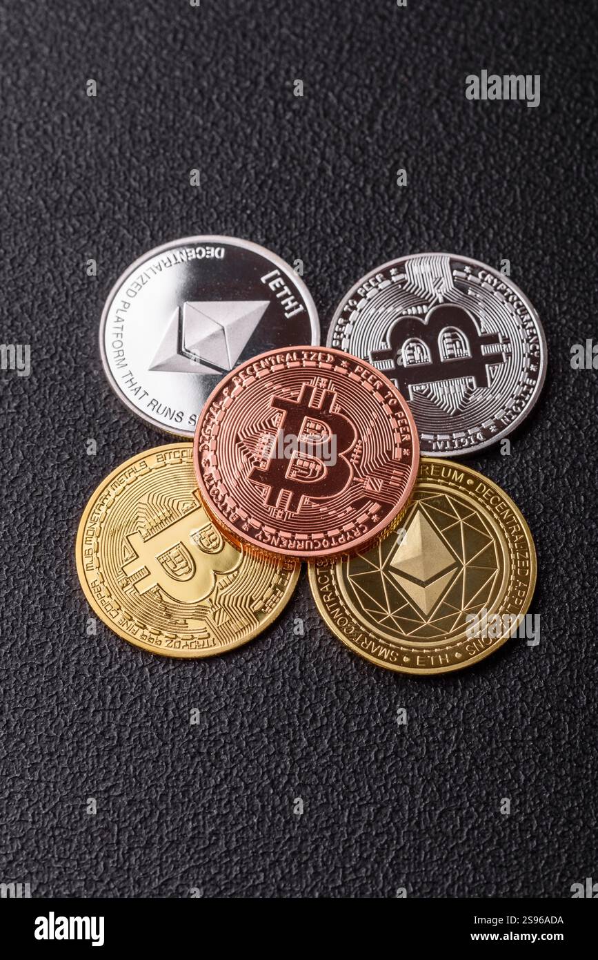 Bitcoin cryptocurrency dummy in the form of a round iron coin ...
