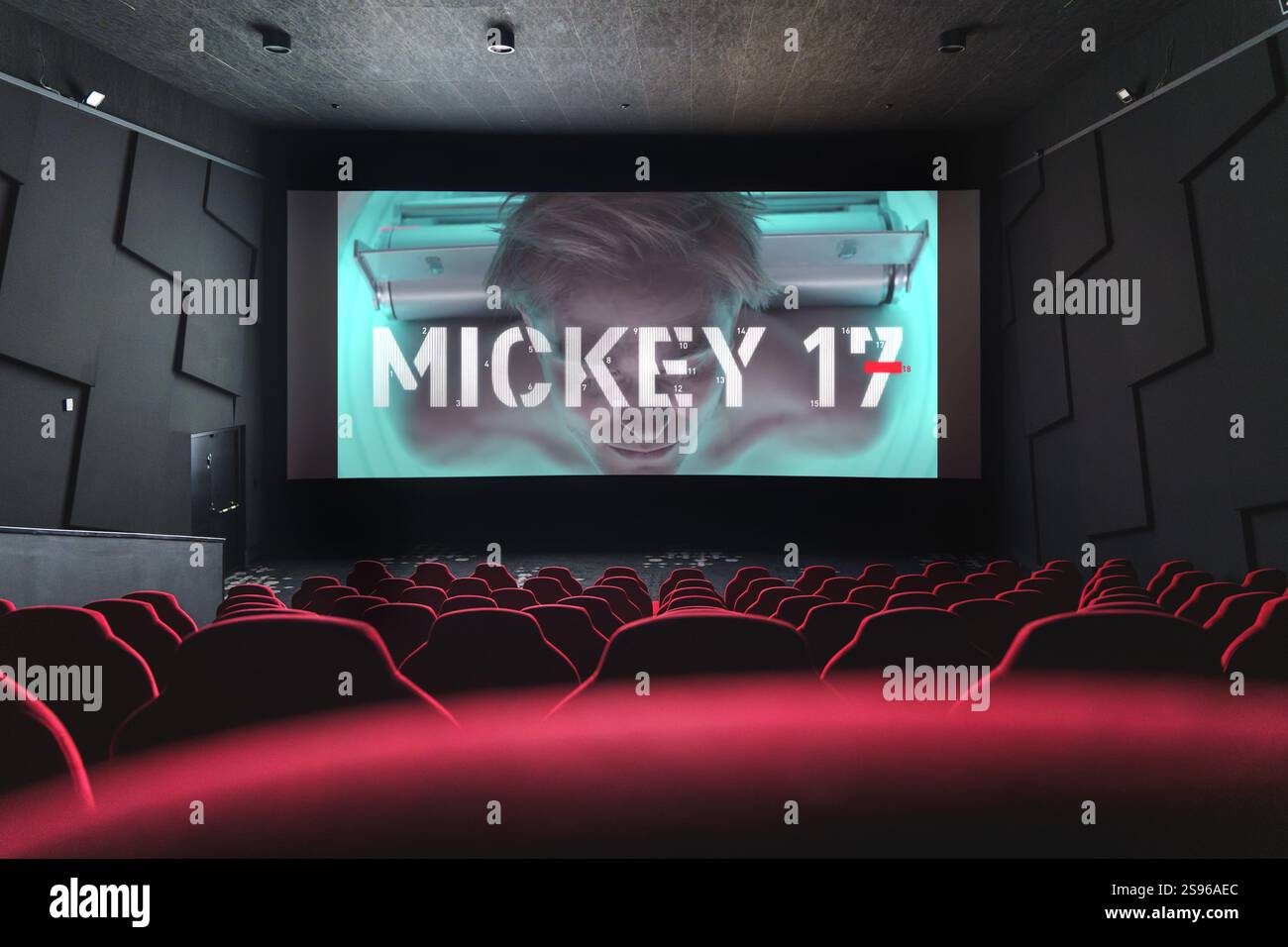 A movie theater anticipating the premiere of Mickey 17, a science ...