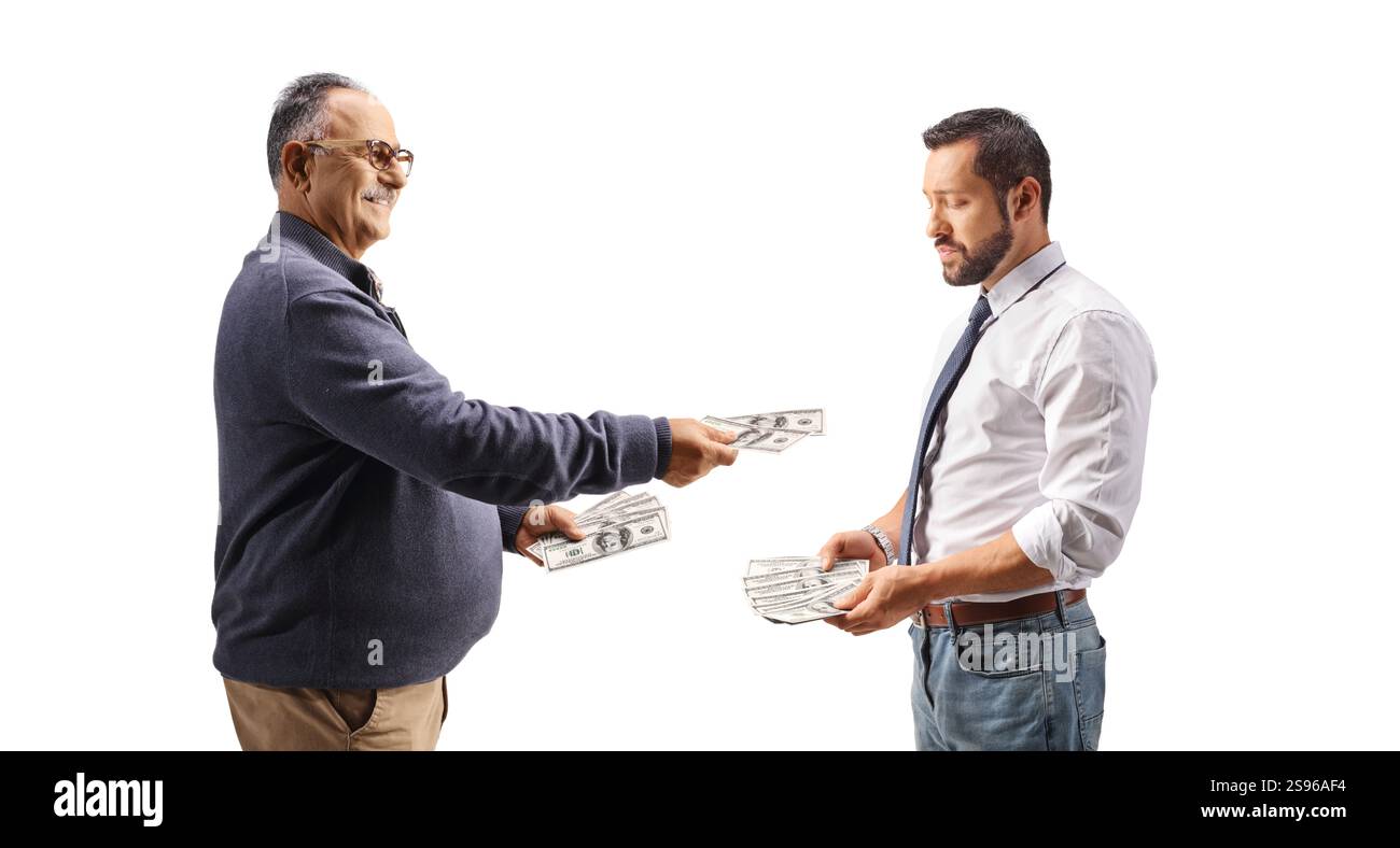 Men exchanging money isolated on white background Stock Photo - Alamy