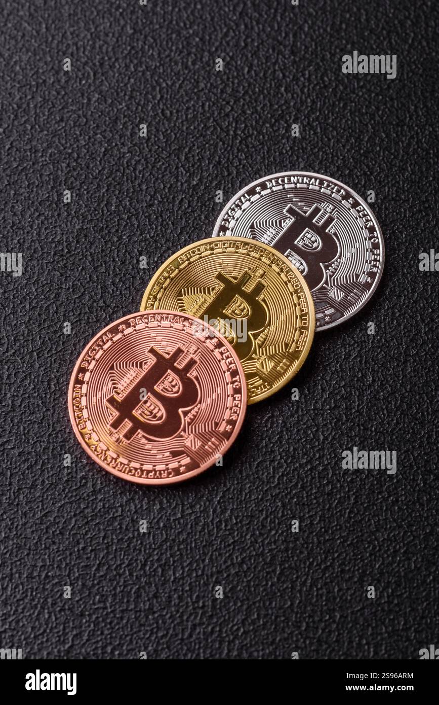 Bitcoin cryptocurrency dummy in the form of a round iron coin ...