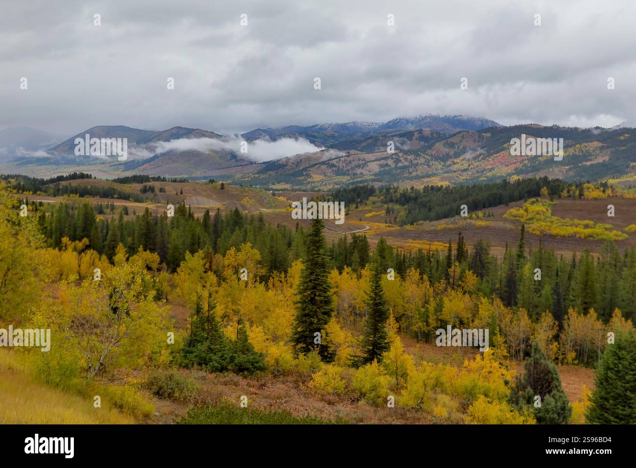 USA, Wyoming, Highway 89 and view from Salt River Pass autumn colored ...