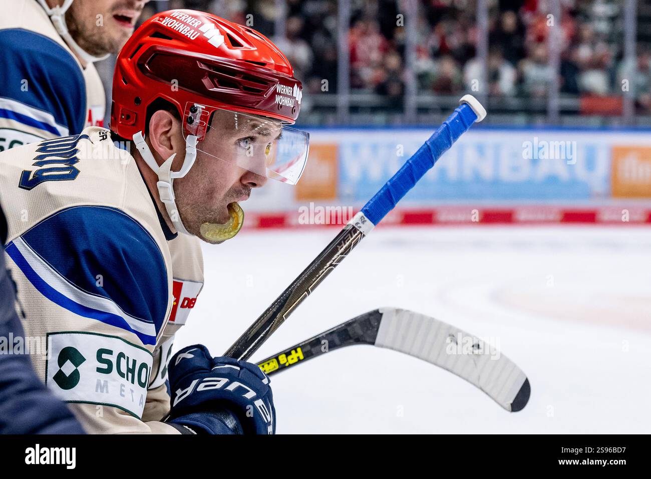 Daryl Boyle (Schwenninger Wild Wings, #6) auf der Bande lehnend. GER ...