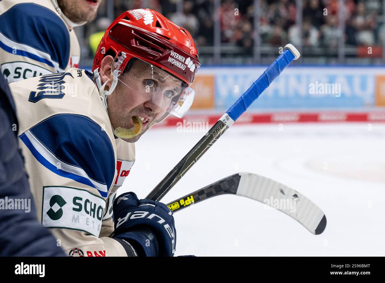 Daryl Boyle (Schwenninger Wild Wings, #6) auf der Bande lehnend. GER ...