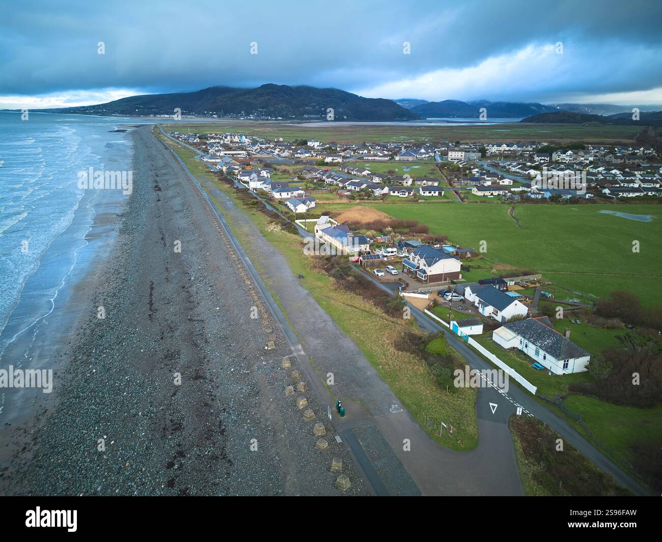 Aerial view of Fairbourne, a coastal holiday village in North Wales ...