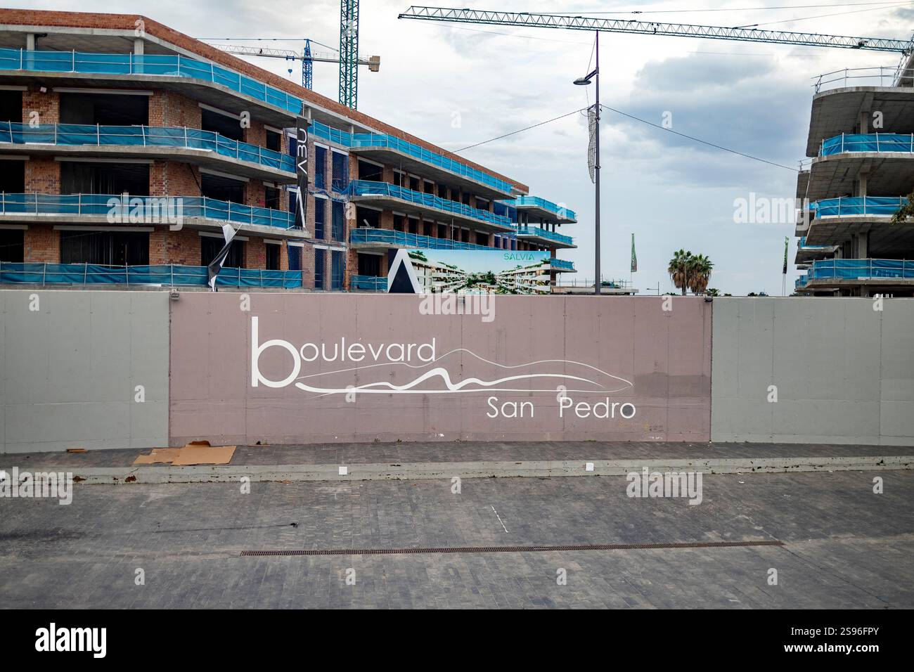 Construction cranes where luxury apartment buildings rise behind name ...